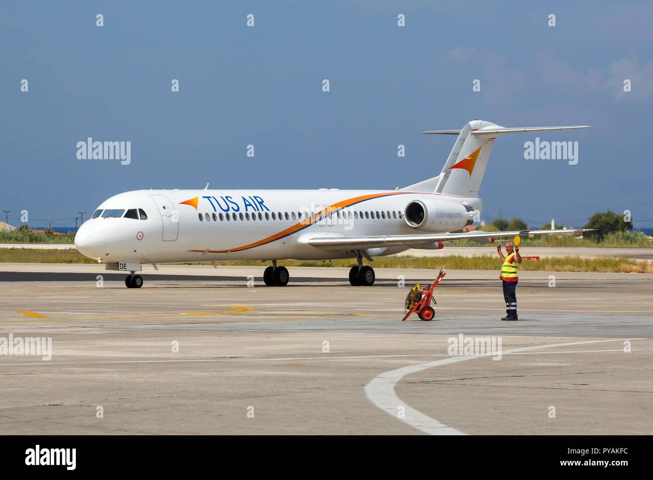 Rhodes, Greece - September 12, 2018: A Tus Air Fokker 100 airplane at ...
