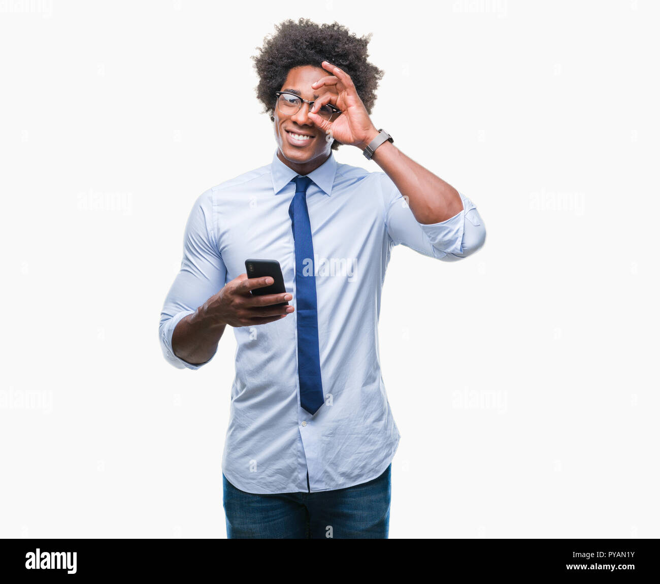 Afro american business man texting using smartphone over isolated ...