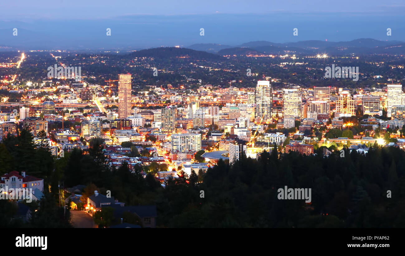 An aerial night view of Portland, Oregon city center Stock Photo - Alamy