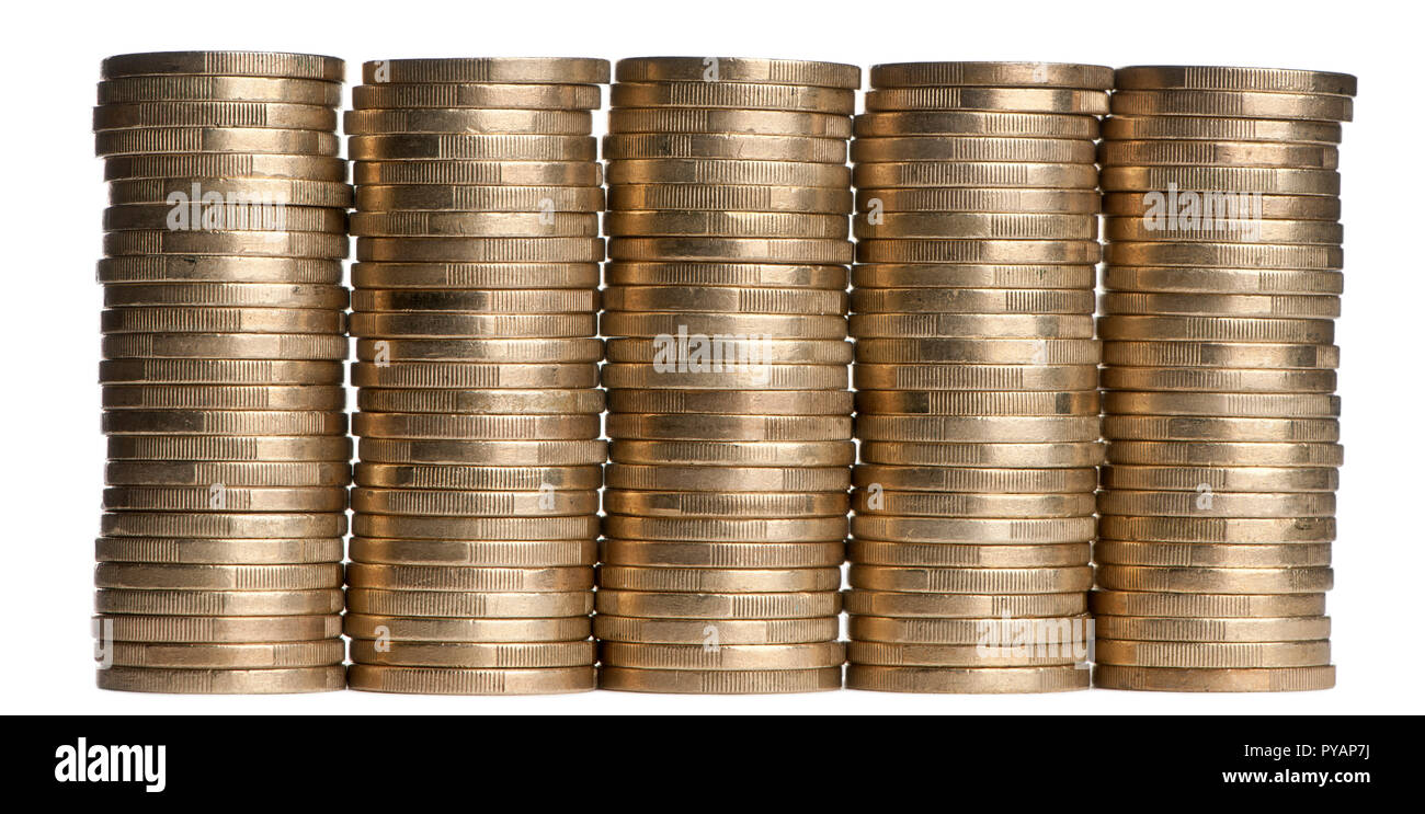 Stacks of 1 Euros Coins in front of white background Stock Photo - Alamy