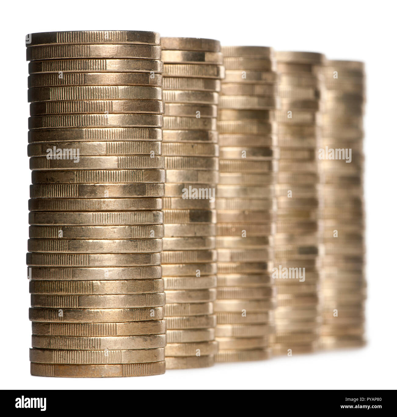 Stacks of 1 Euros Coins in front of white background Stock Photo - Alamy