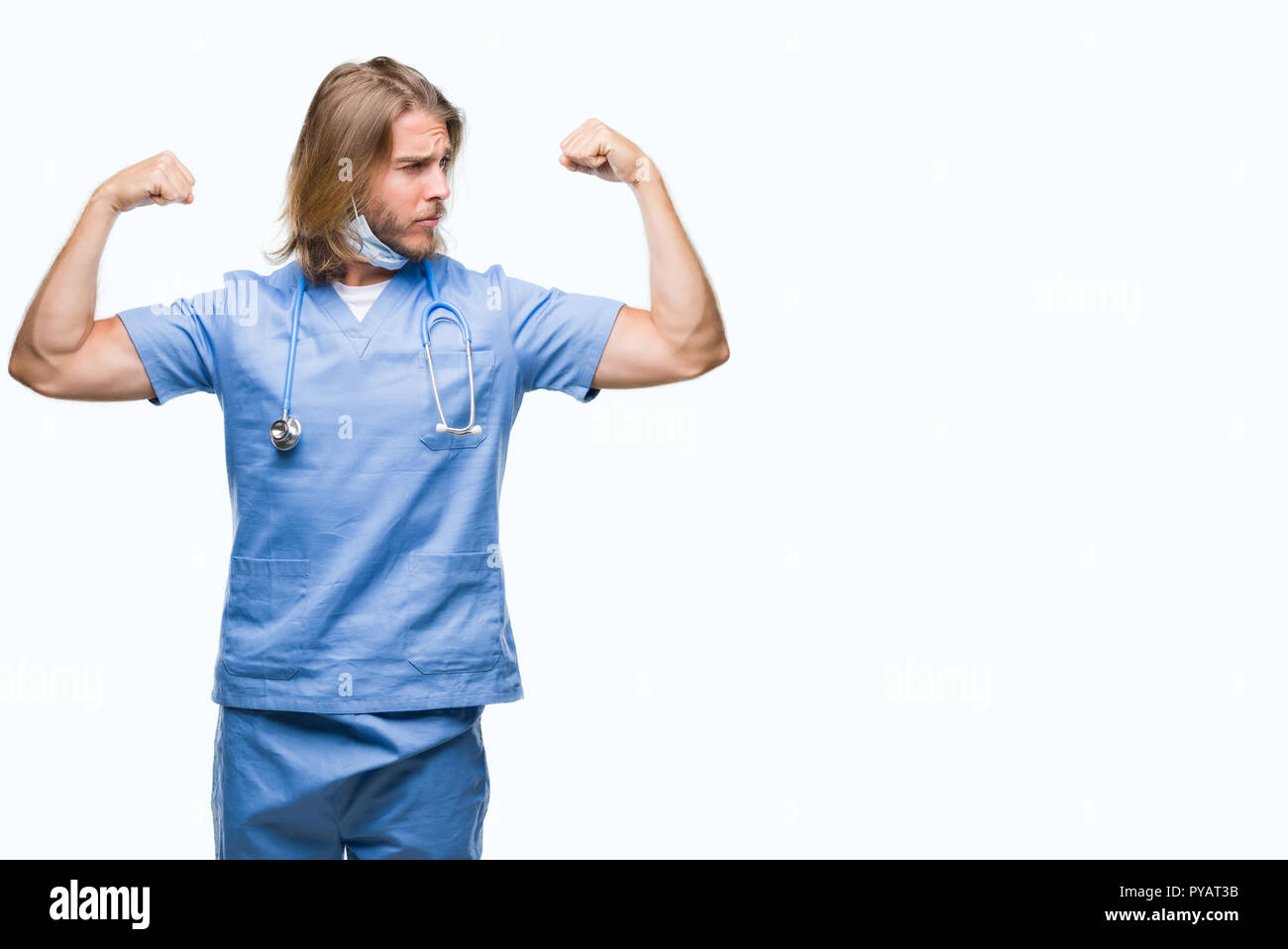 Young handsome doctor man with long hair over isolated background ...