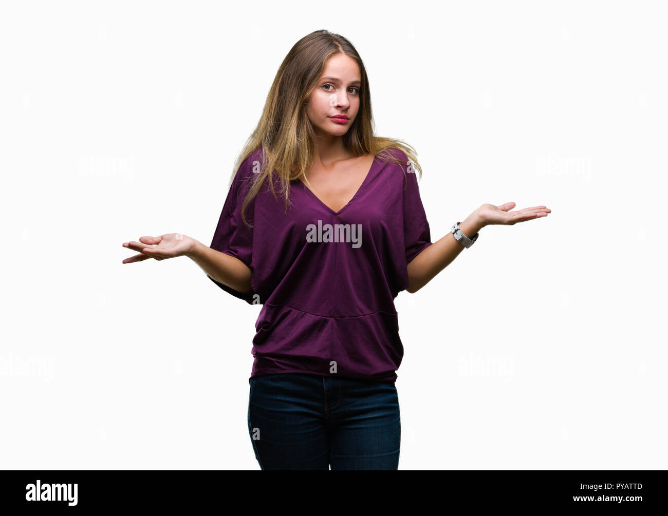 Young beautiful blonde elegant woman over isolated background clueless ...