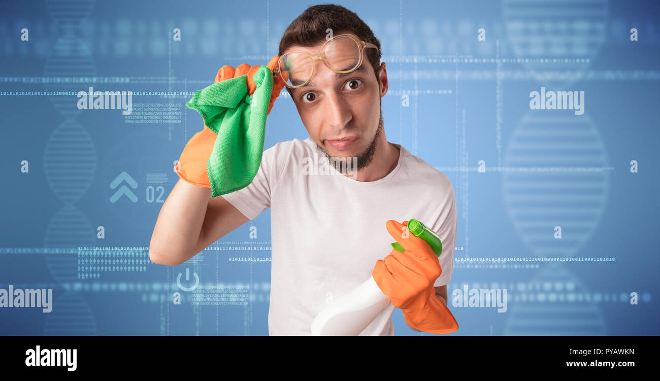 Crowd cleaning theme with male housekeeper and DNS concept wallpaper ...