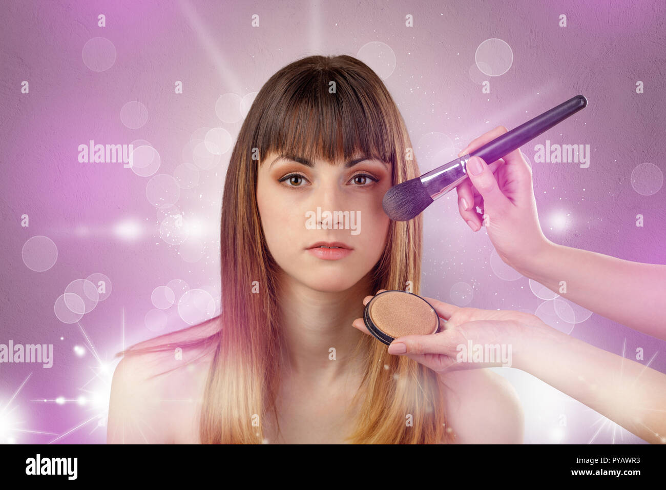 Young woman portrait with shiny pink beauty salon concept and personal ...