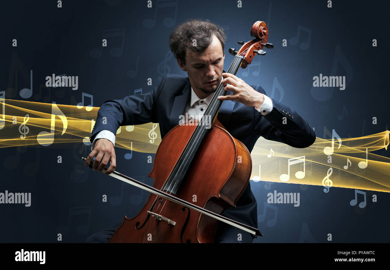 Young male musician playing on his cello with musical notes around ...