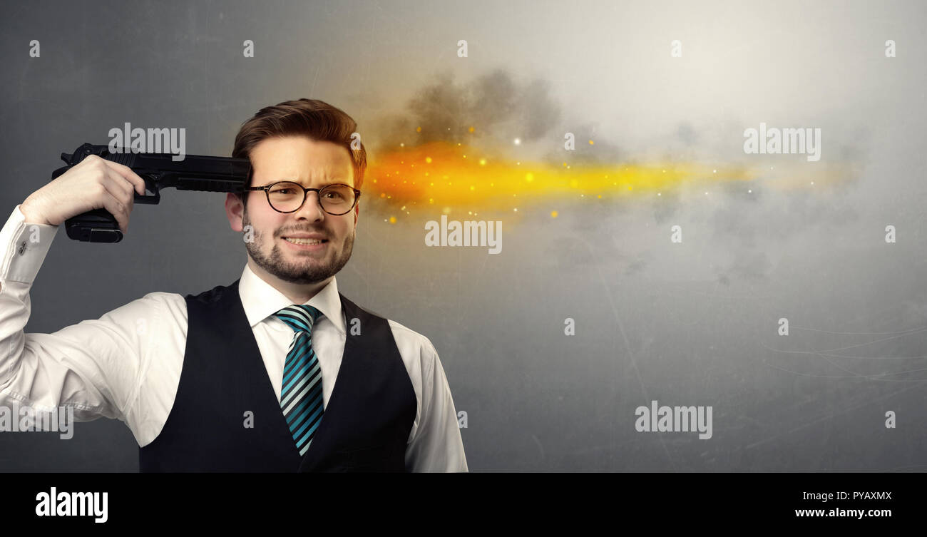 Man shoots his head with gun and lights are coming out from his head ...