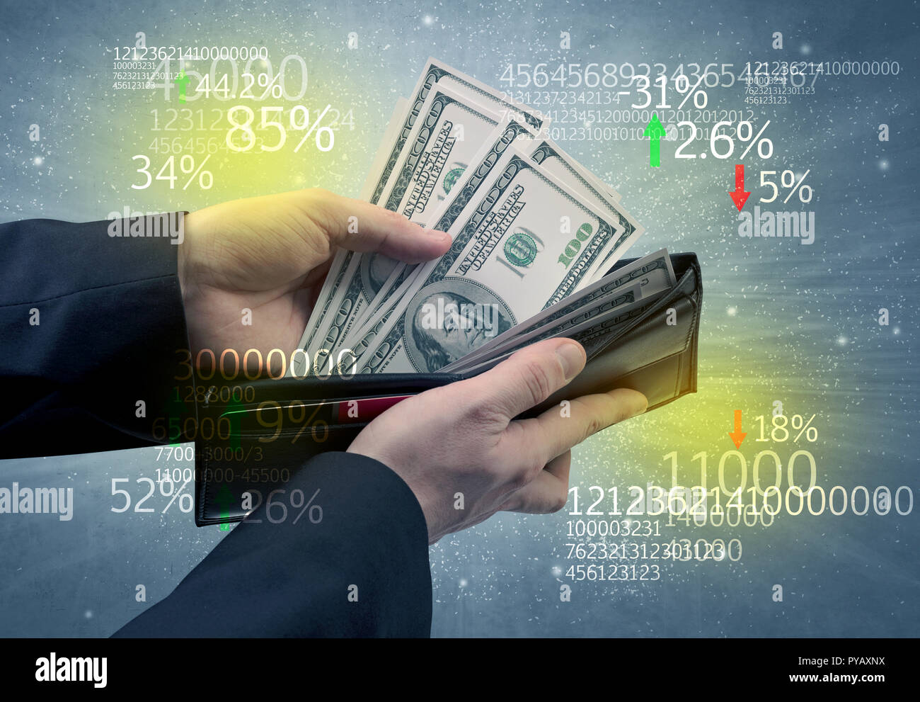 Hand takes out dollar from wallet with stock exchange theme Stock Photo ...