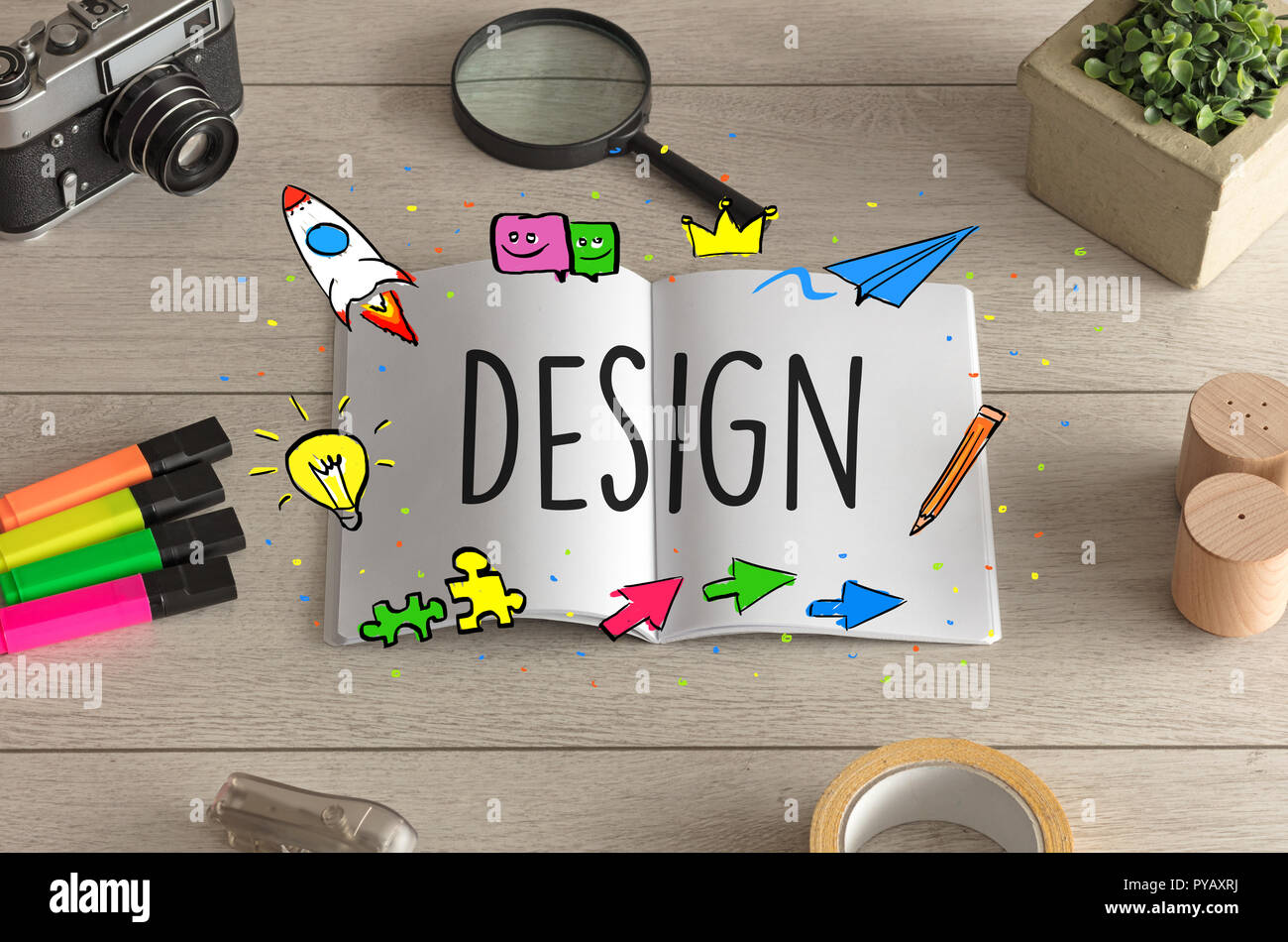 Open notebook on the floor with instruments on the floor and creativity ...