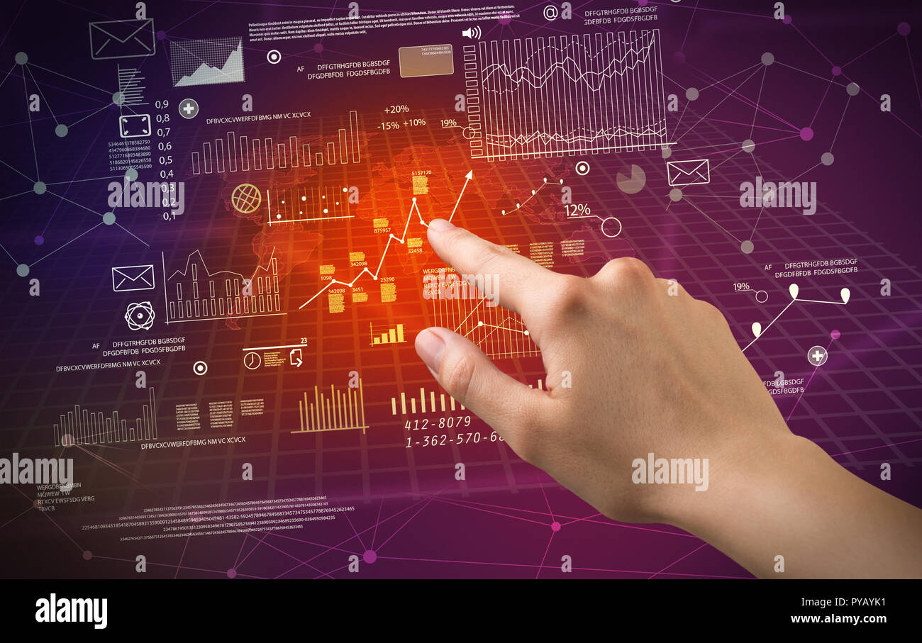 Female hand touching charts and graphs on a red and purple background ...