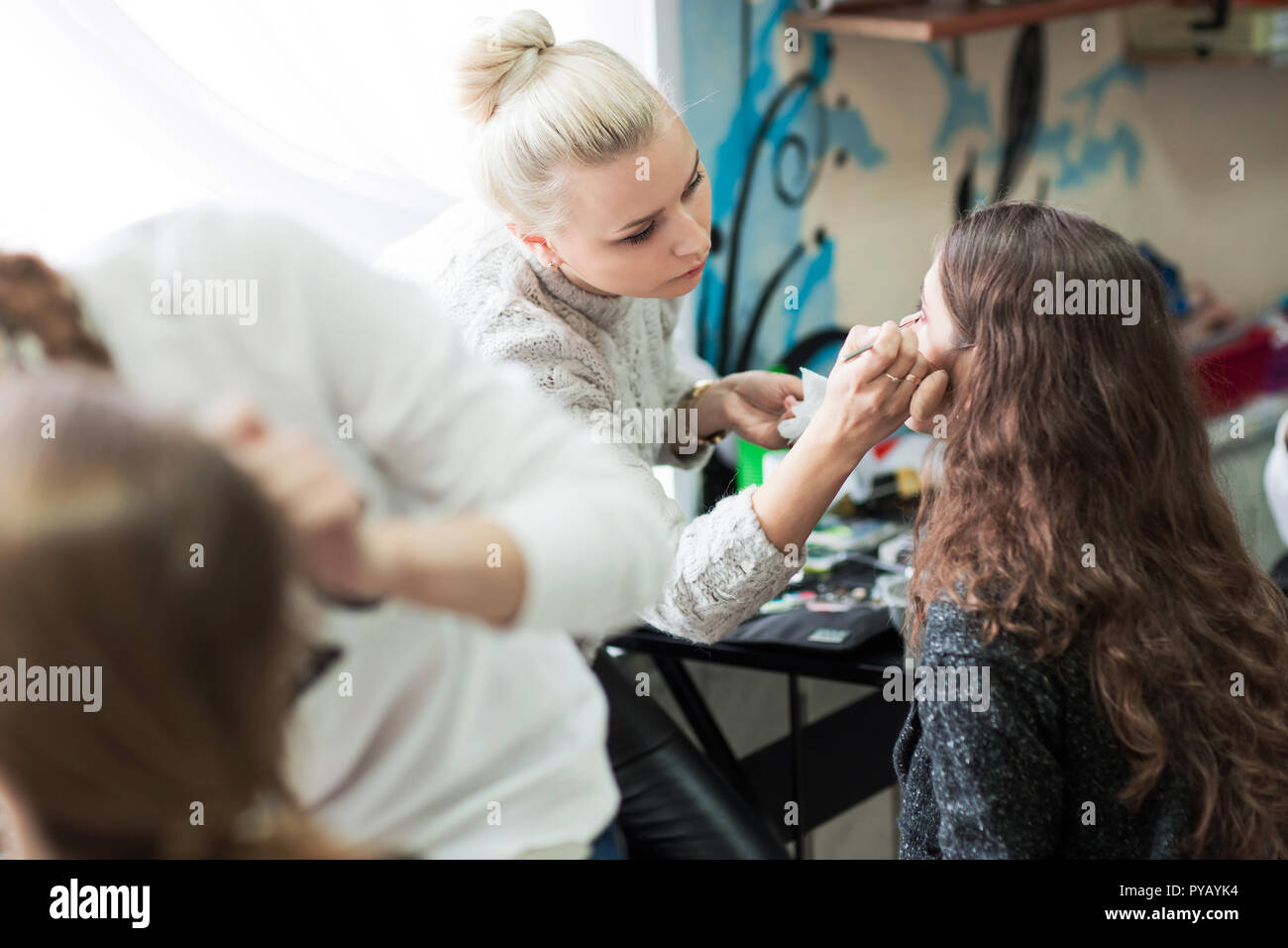 professional makeup artist doing makeup for client's salon Stock Photo ...
