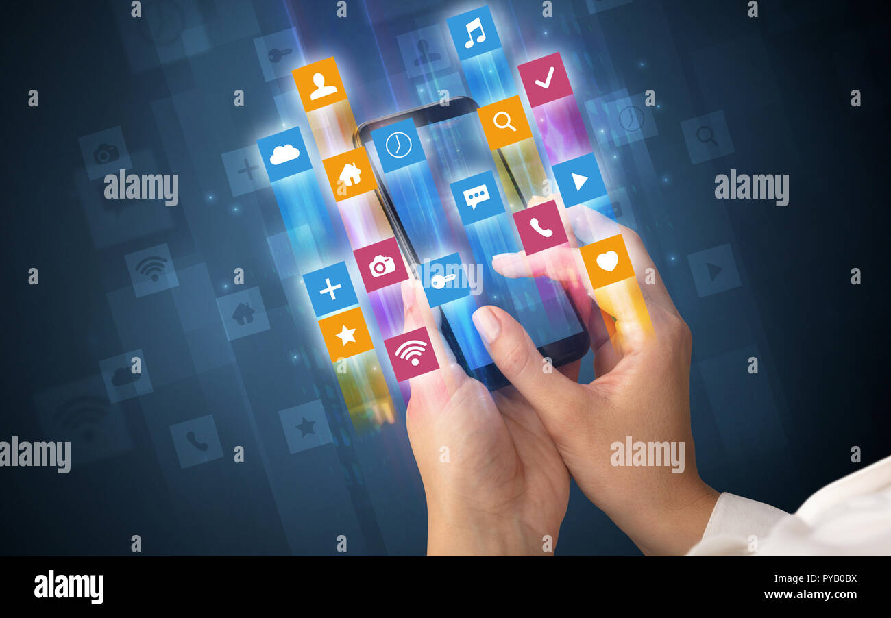 Female hand using smartphone with colorful angular fast switching application icons around Stock ...