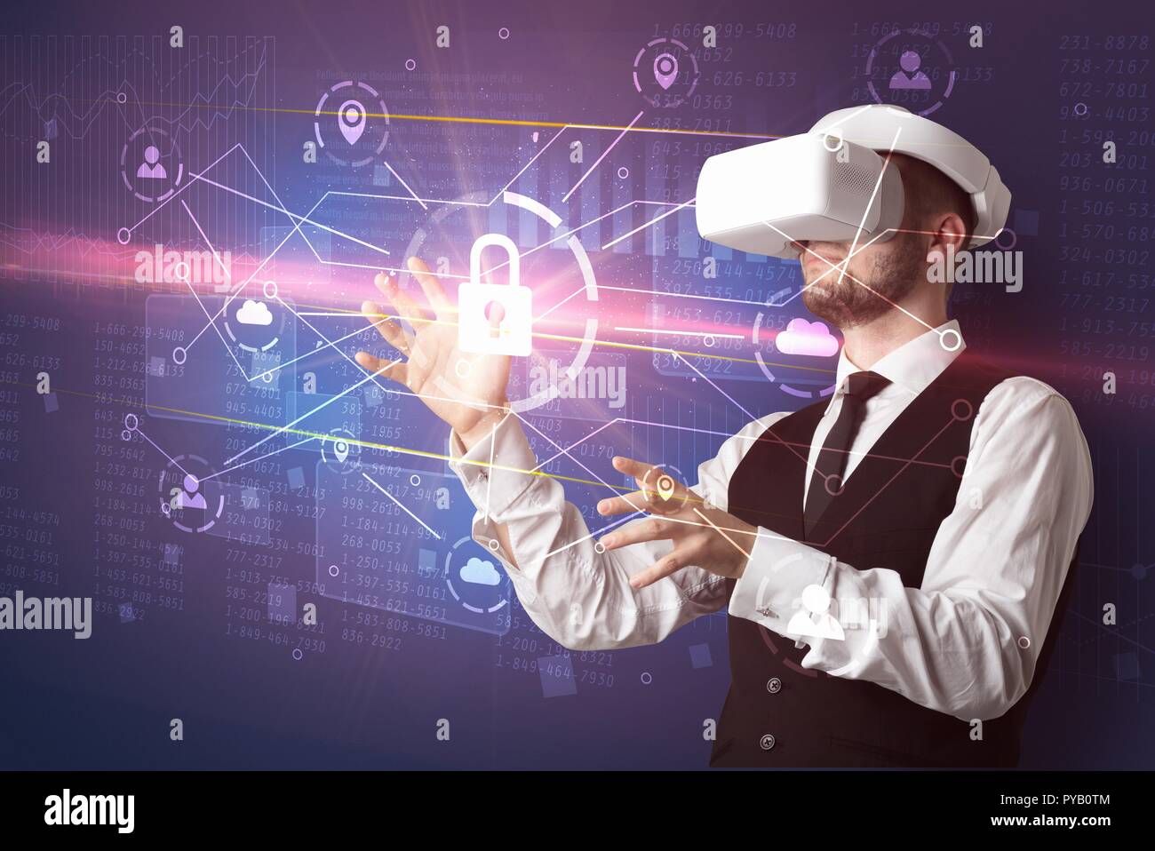 Businessman with DJI goggles controlling 3D illustrated network, and ...