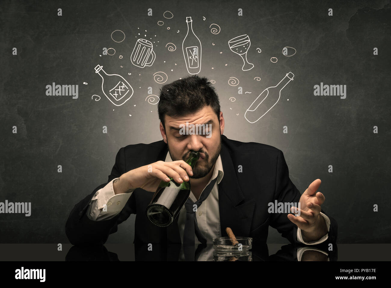 Drunk down and out man with doodle alcohol bottles concept Stock Photo ...