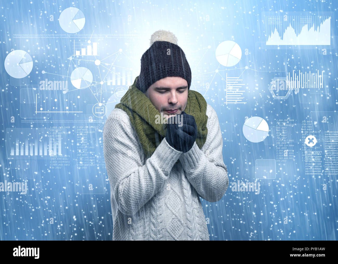 Young businessman shivering with graphs, reports and chart concept ...