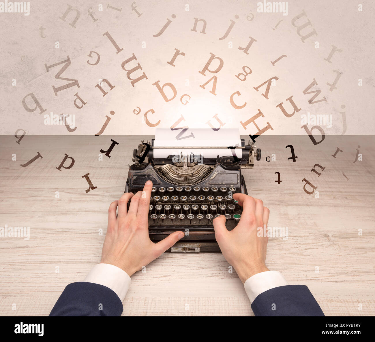 First person perspective elegant hand writing on typewriter with flying ...