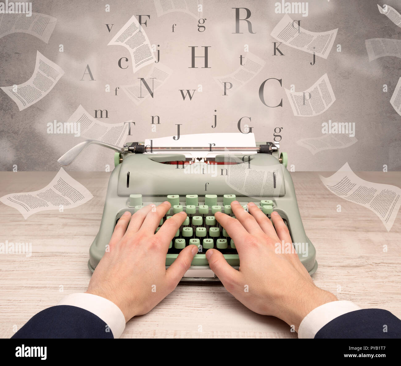First person perspective hand typewriting with flying documents around ...