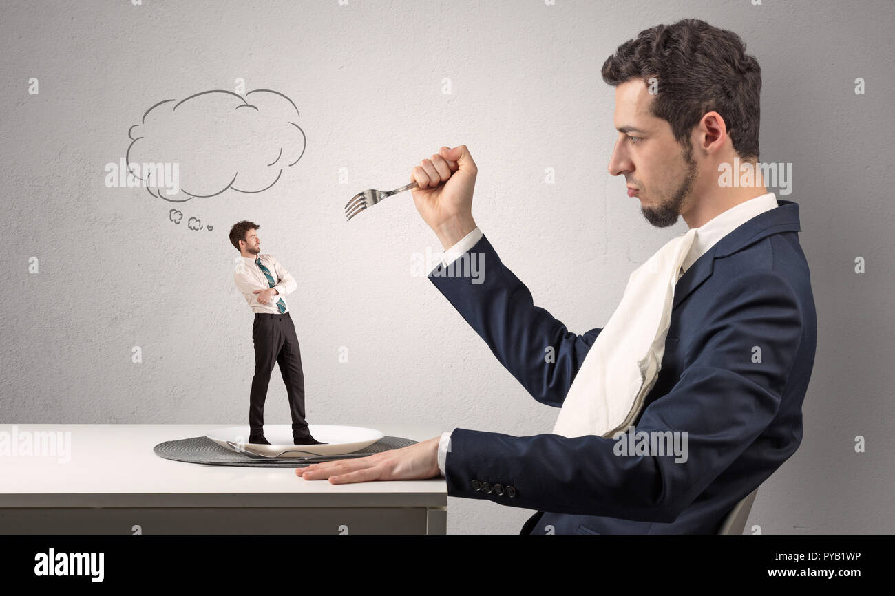 Big businessman want to eat small man with cloud messages above his ...