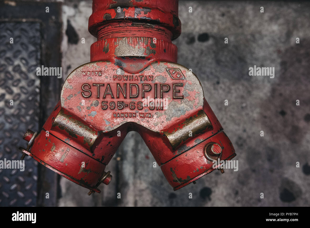 New York, USA - May 28, 2018: Close up top view of a red fire hydrant ...