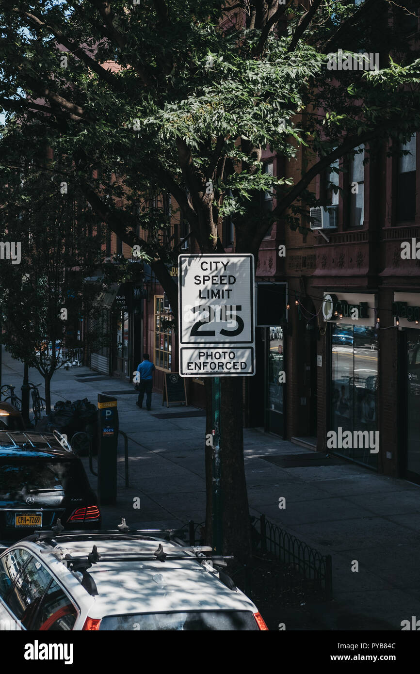 New York, USA - May 30, 2018: Speed limit sign on a street in Brooklyn ...