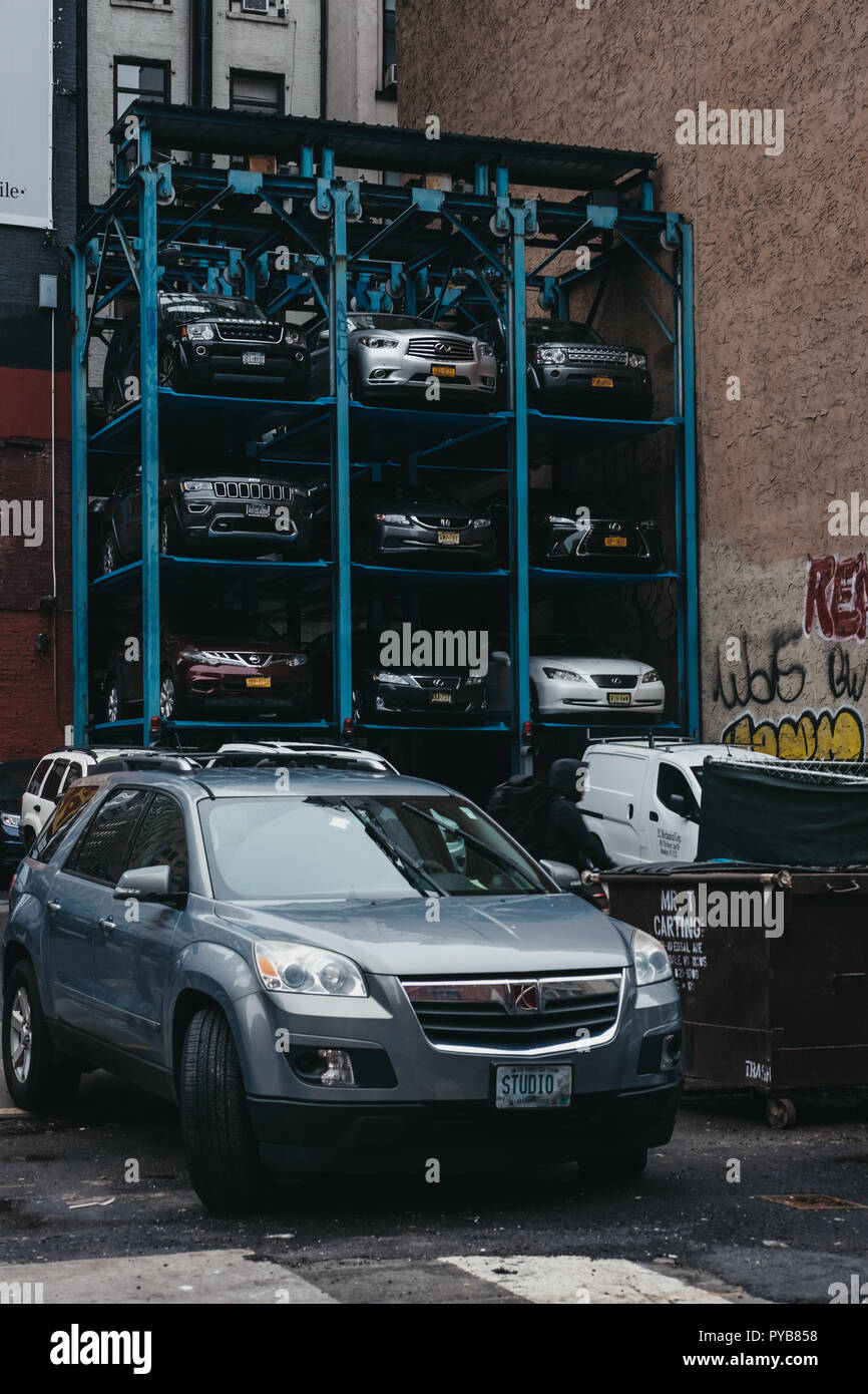 New York, USA - May 28, 2018: Automated multi level car park in ...