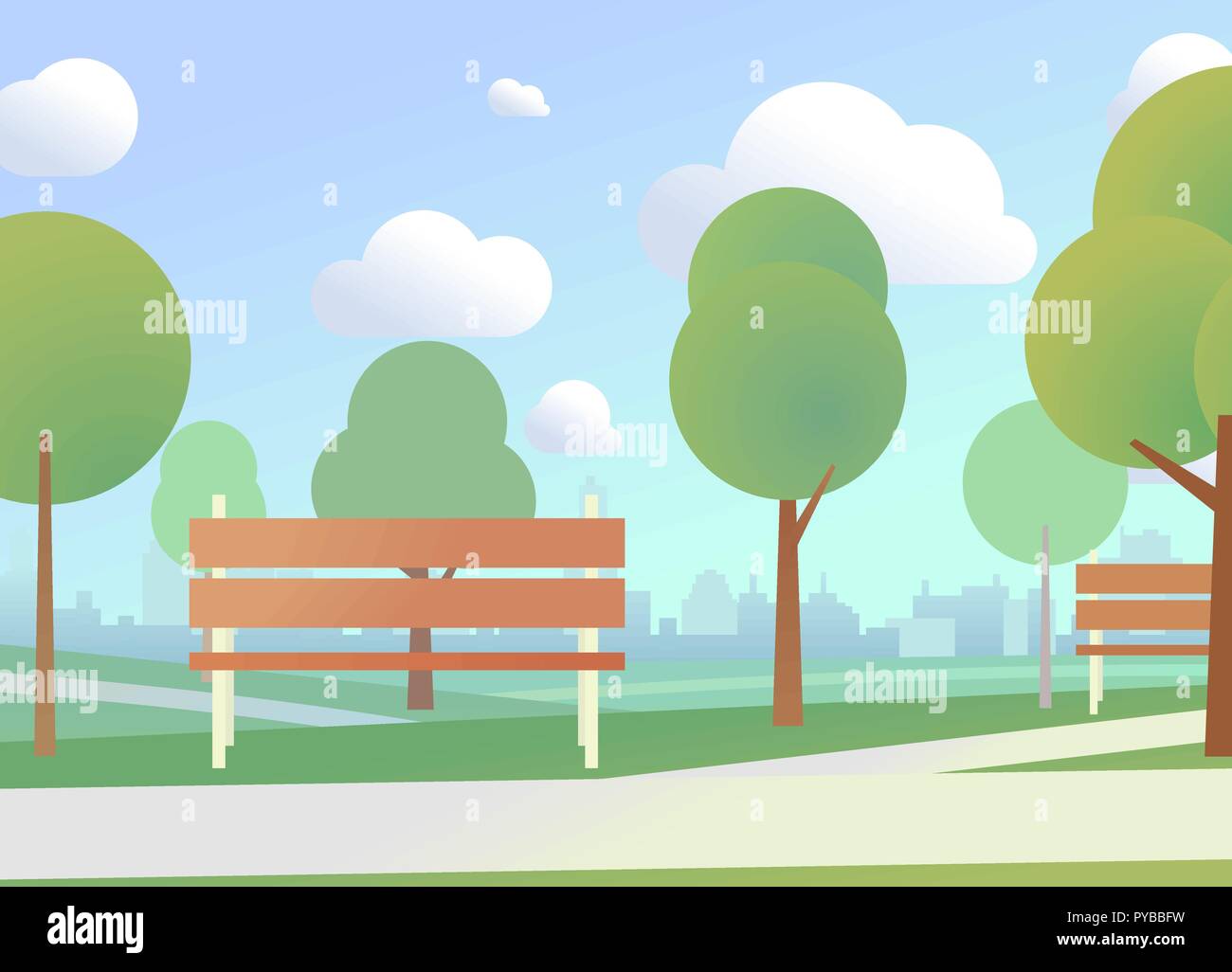 Urban park with benches and city skyline on the background, bright ...