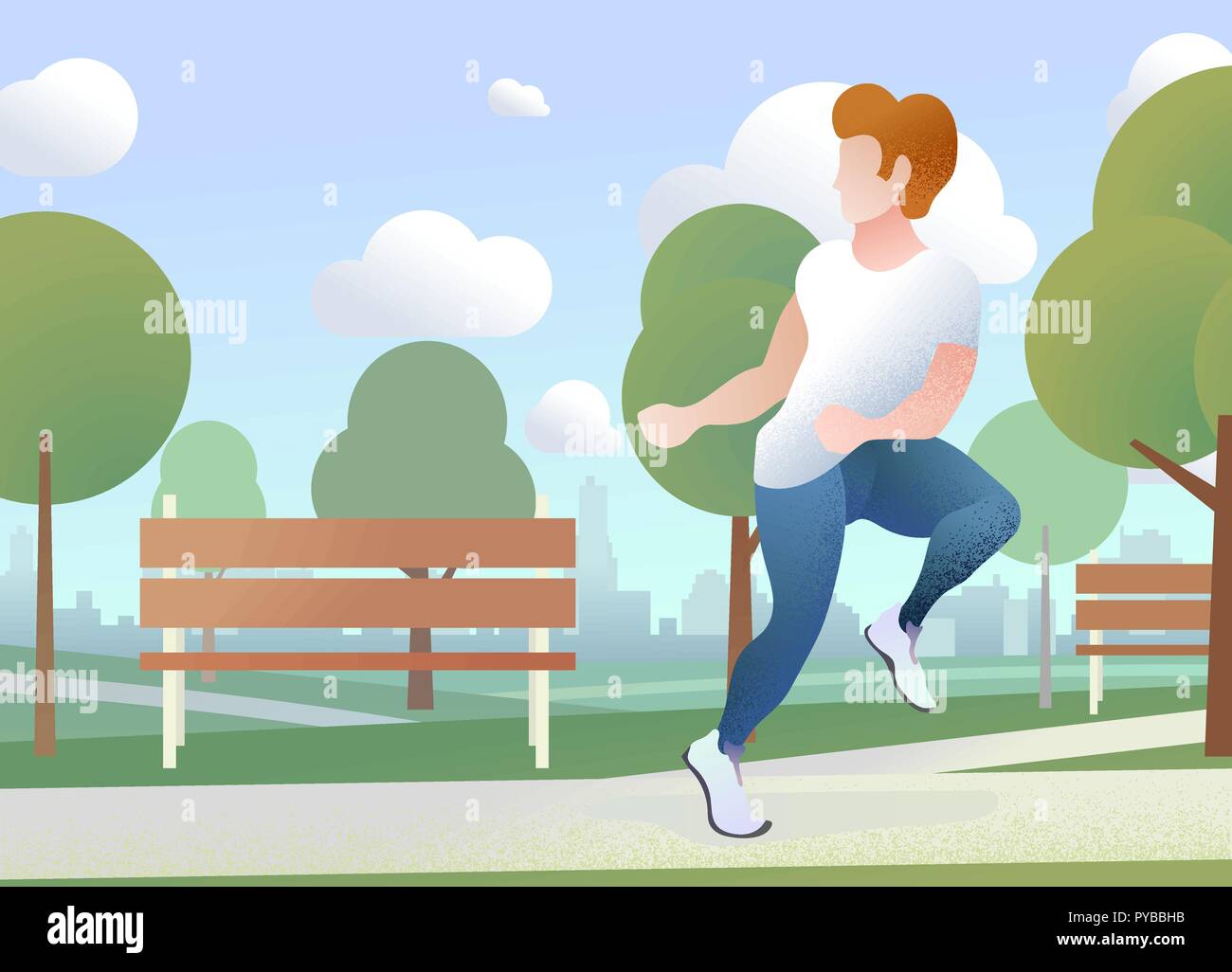 Young guy run in a urban park, flat concept illustration with text ...