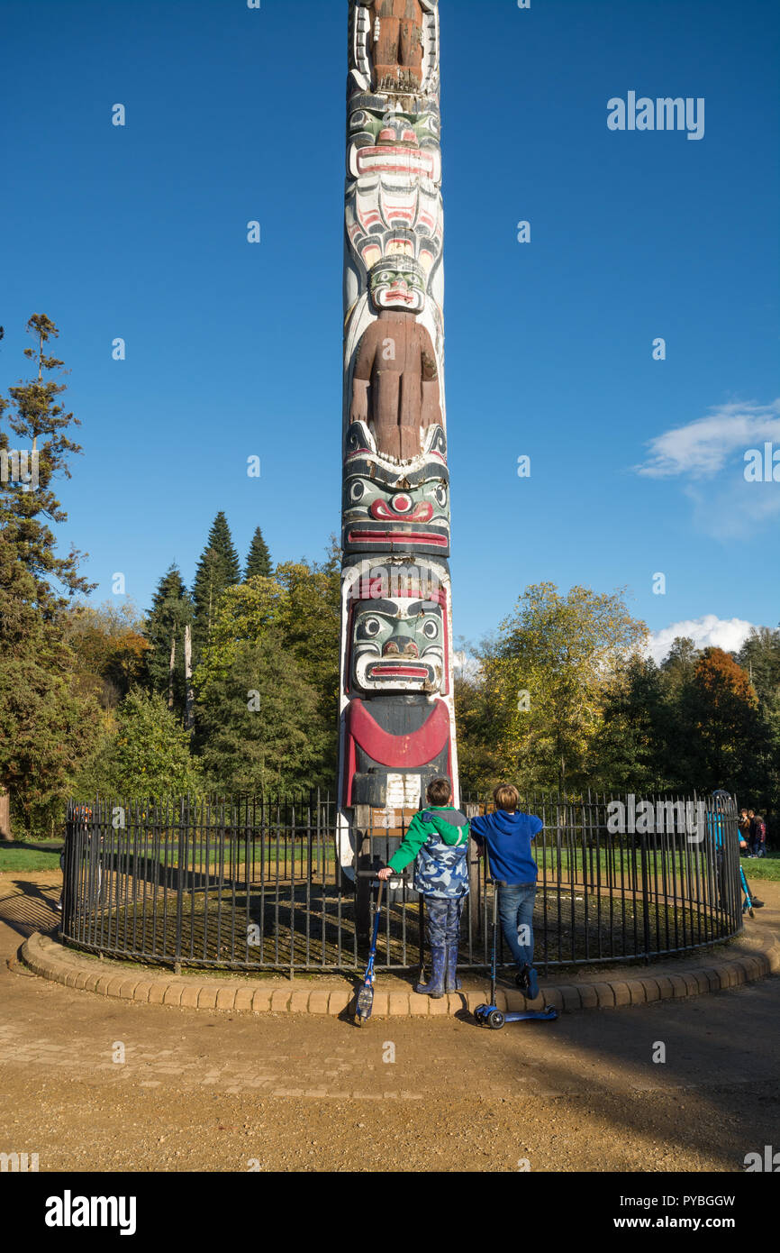 Two boys looking at the famous totem pole at Virginia Water Lake, part ...