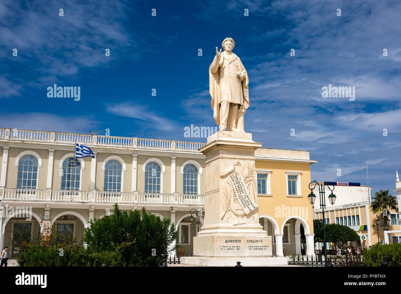 30 September 2018, Greece, Zakynthos: The statue of the Greek writer ...