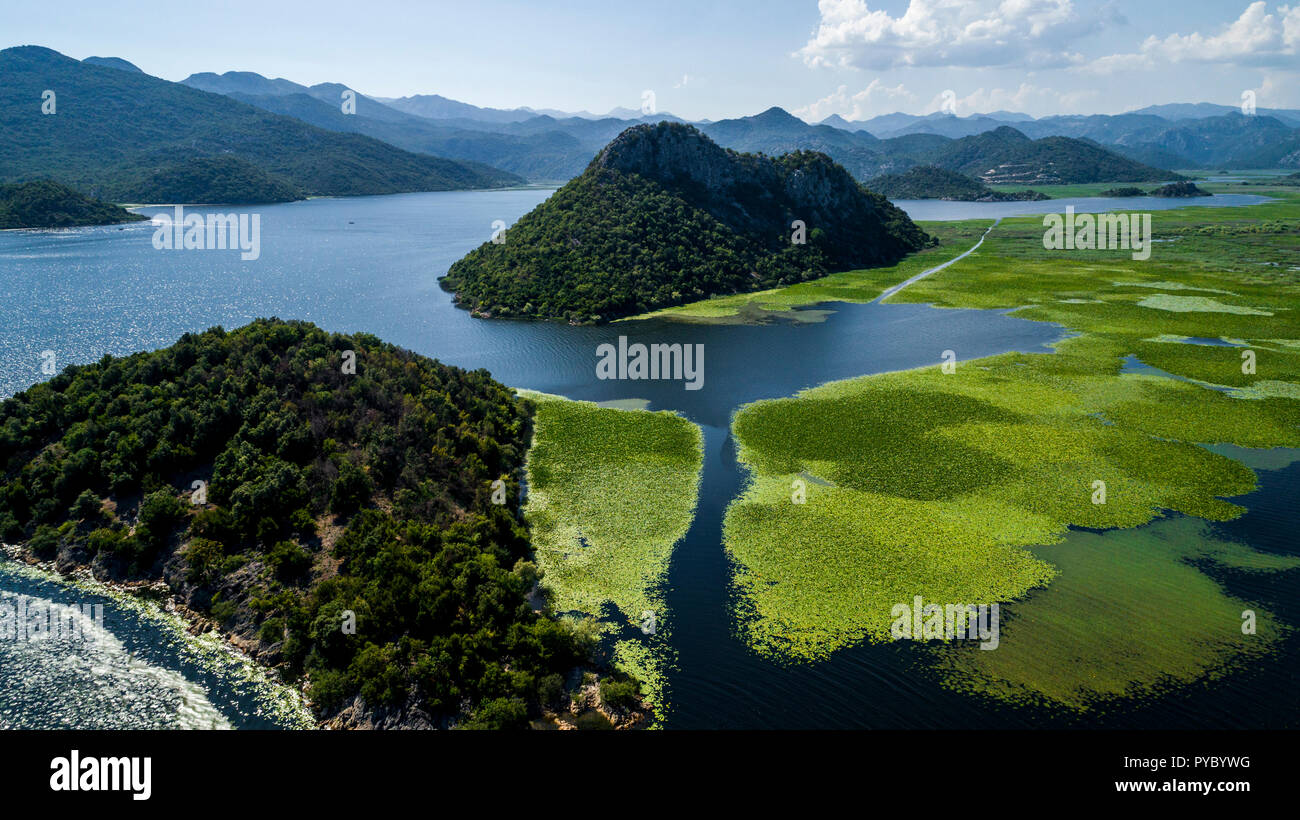 Aerial view of the beautiful landscape of Lake Skadar in the mountain ...
