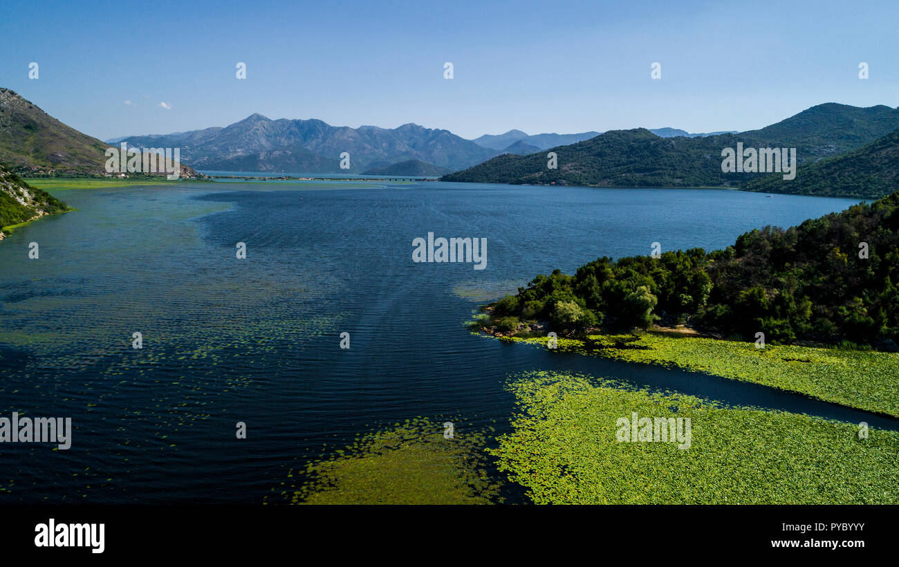 Aerial view of the beautiful landscape of Lake Skadar in the mountain ...