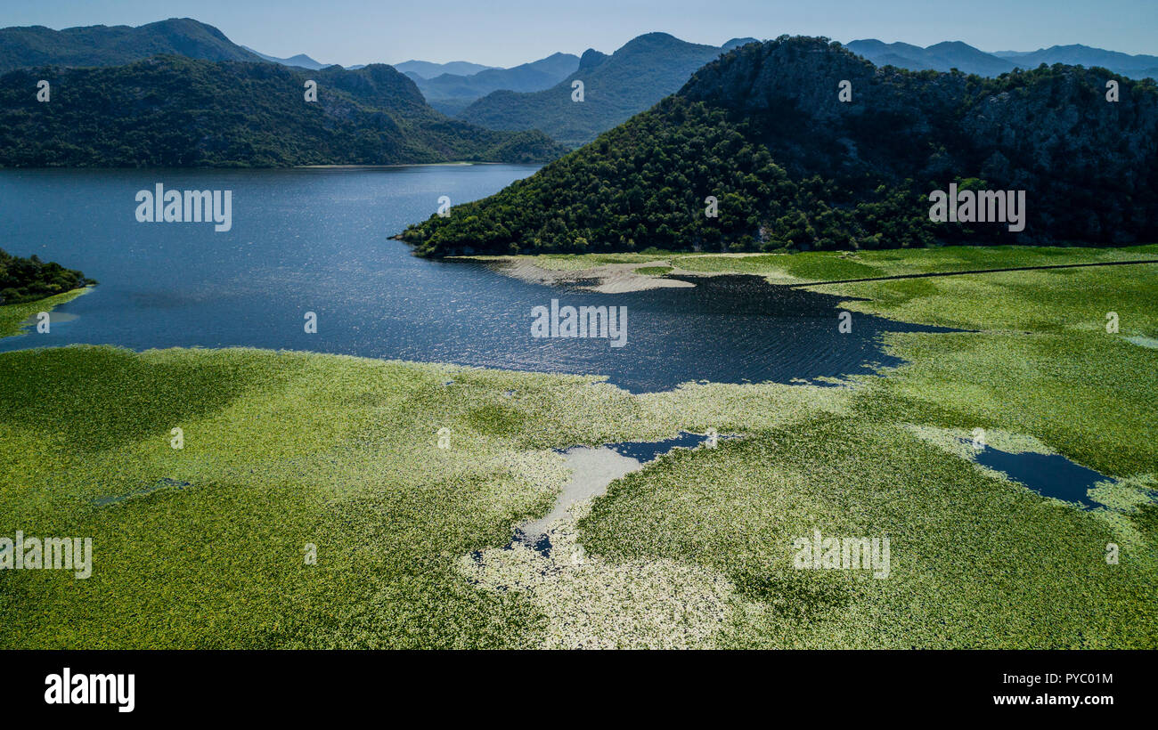 Aerial view of the beautiful landscape of Lake Skadar in the mountain ...