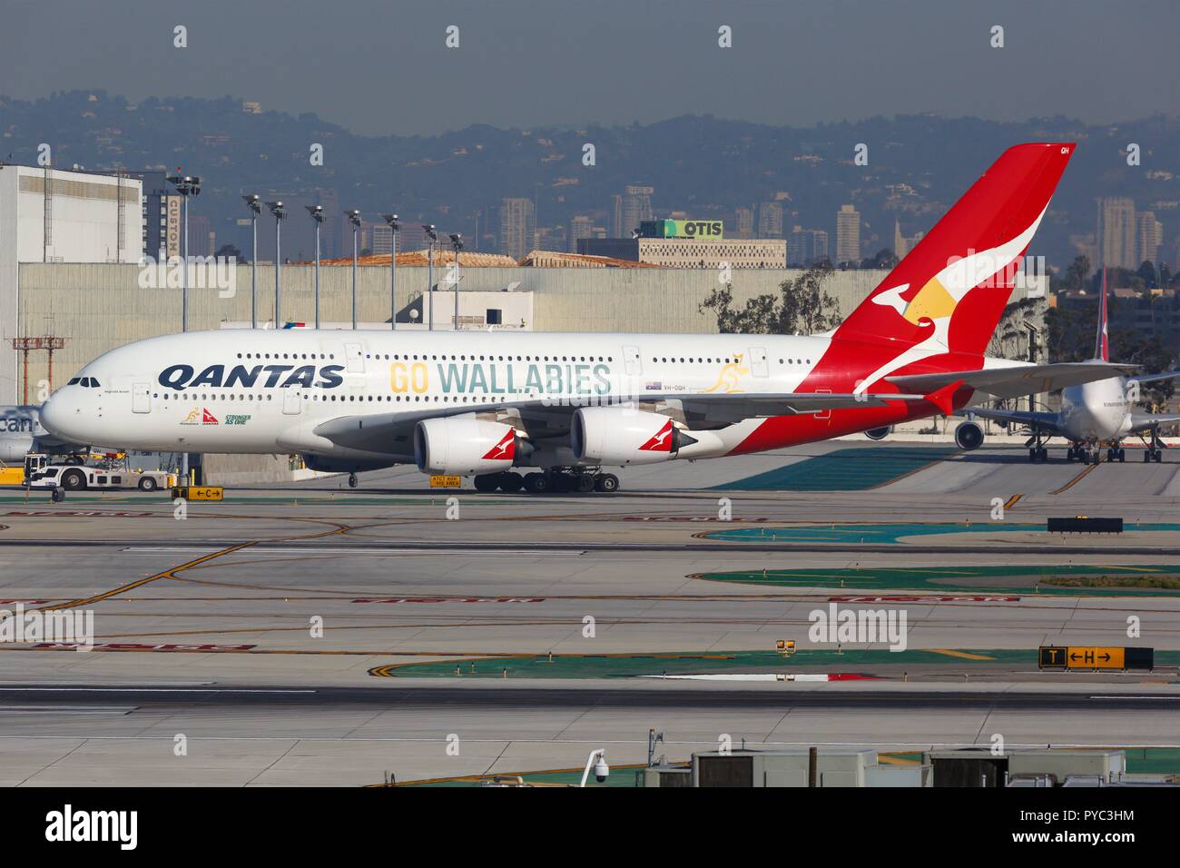Los Angeles, USA - 20. February 2016: Qantas Airbus A380 at Los Angeles ...