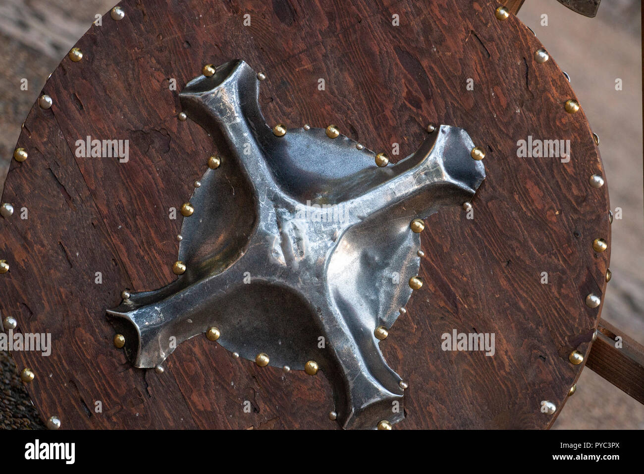Round medieval wooden shield at display on a fair Stock Photo - Alamy