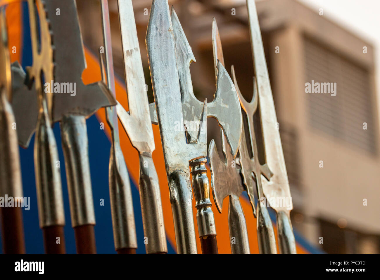 Several medieval blades weapons on display on a fair Stock Photo - Alamy