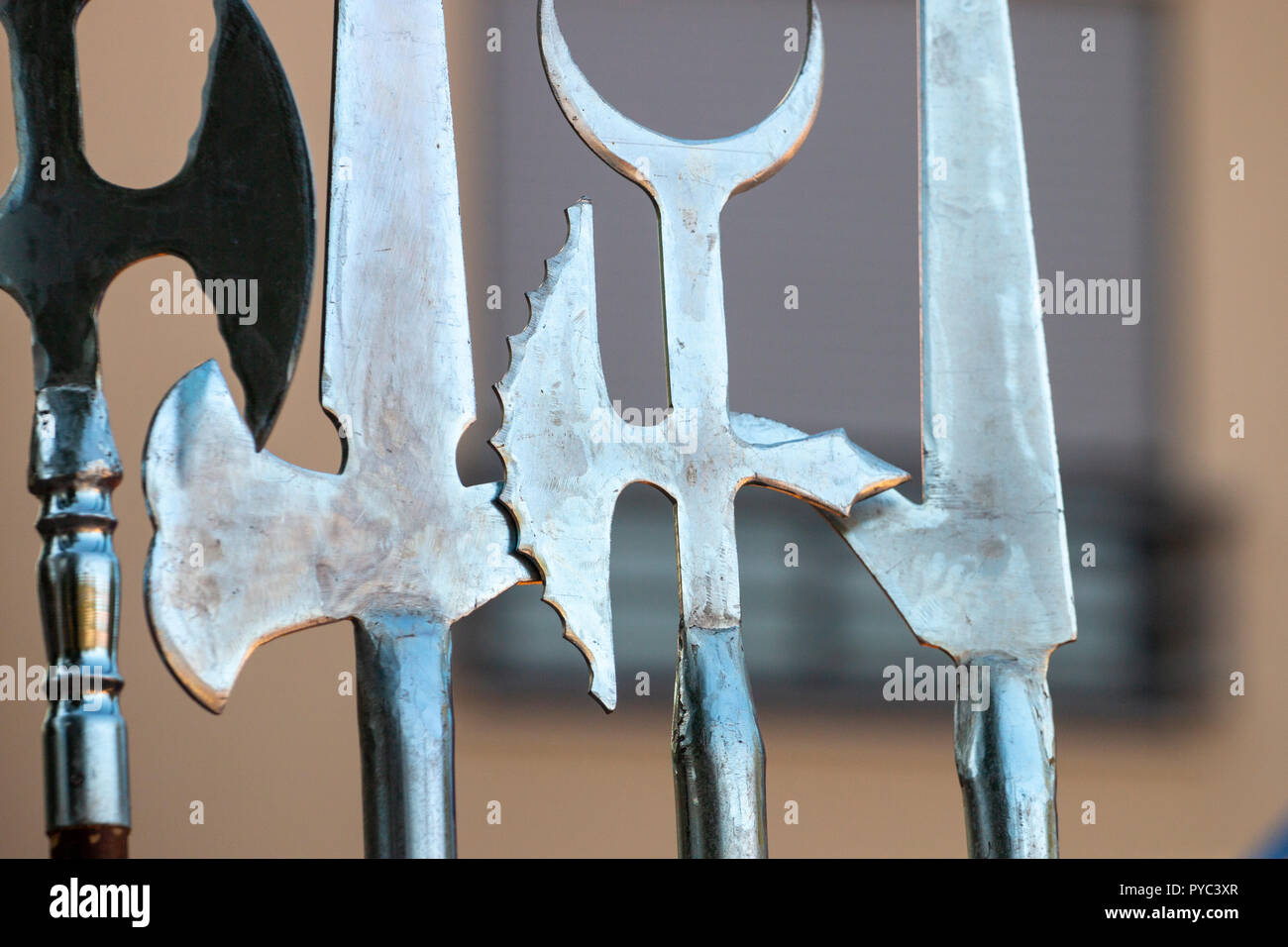 Several medieval blades weapons on display on a fair Stock Photo - Alamy
