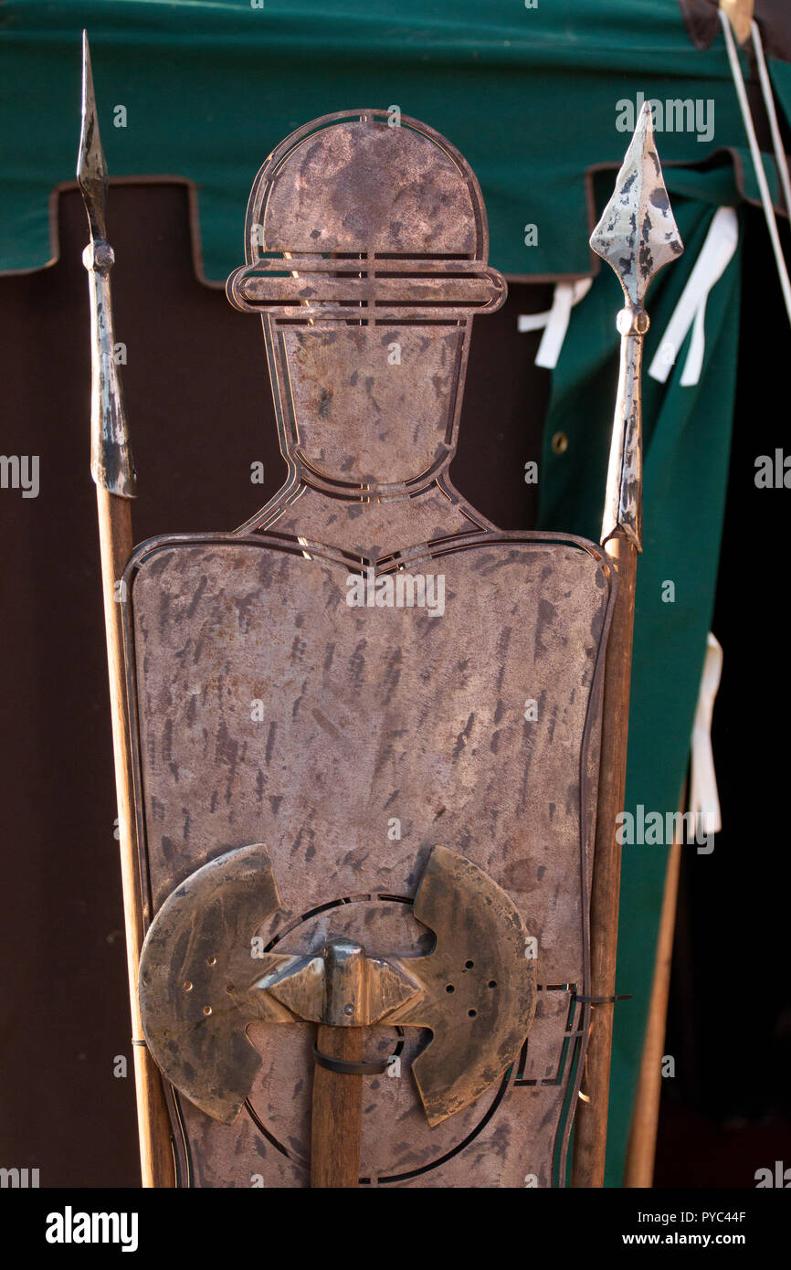 Close up view of a Medieval weapons detail at display on a fair for ...