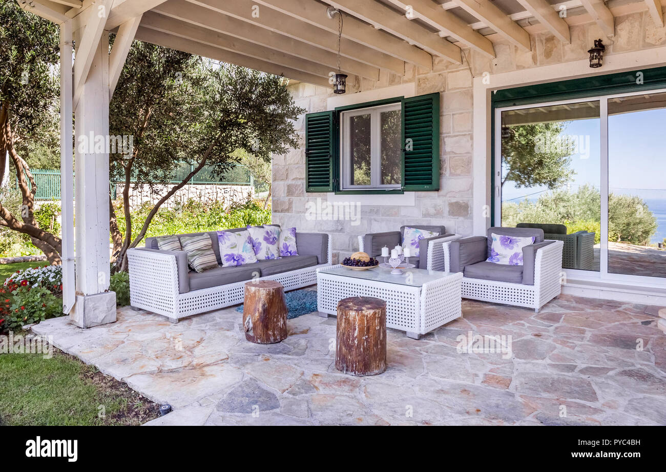 Luxury private villa terrace with view on Mediterranean sea Stock Photo ...