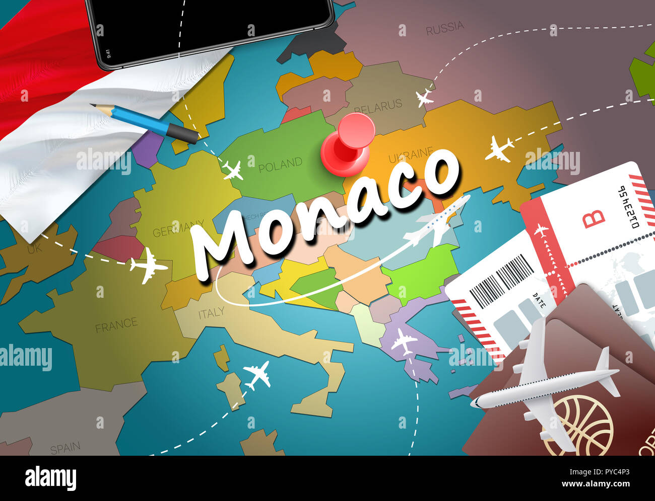 Monaco travel concept map background with planes,tickets. Visit Monaco ...