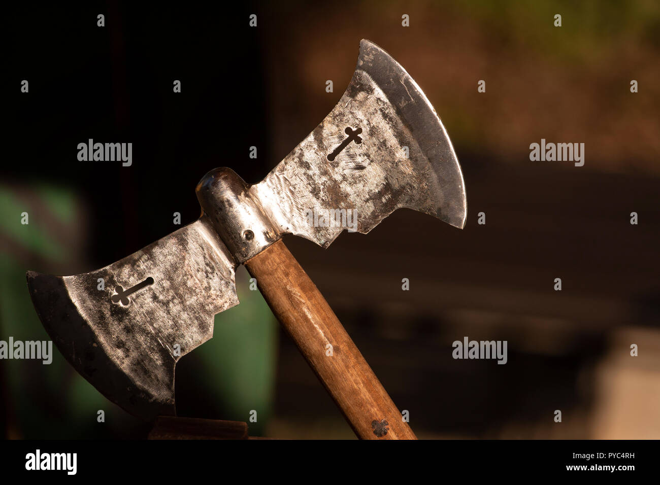 Close up view of a medieval axe on display Stock Photo - Alamy