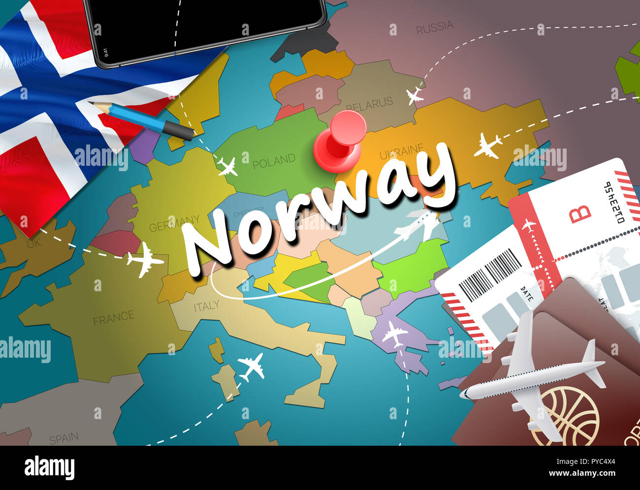 Norway travel concept map background with planes,tickets. Visit Norway ...