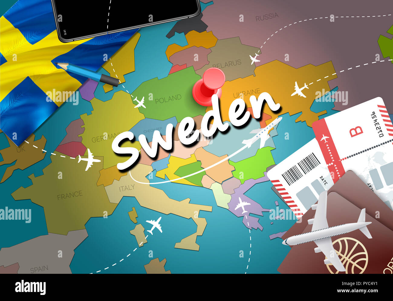 Sweden travel concept map background with planes,tickets. Visit Sweden ...