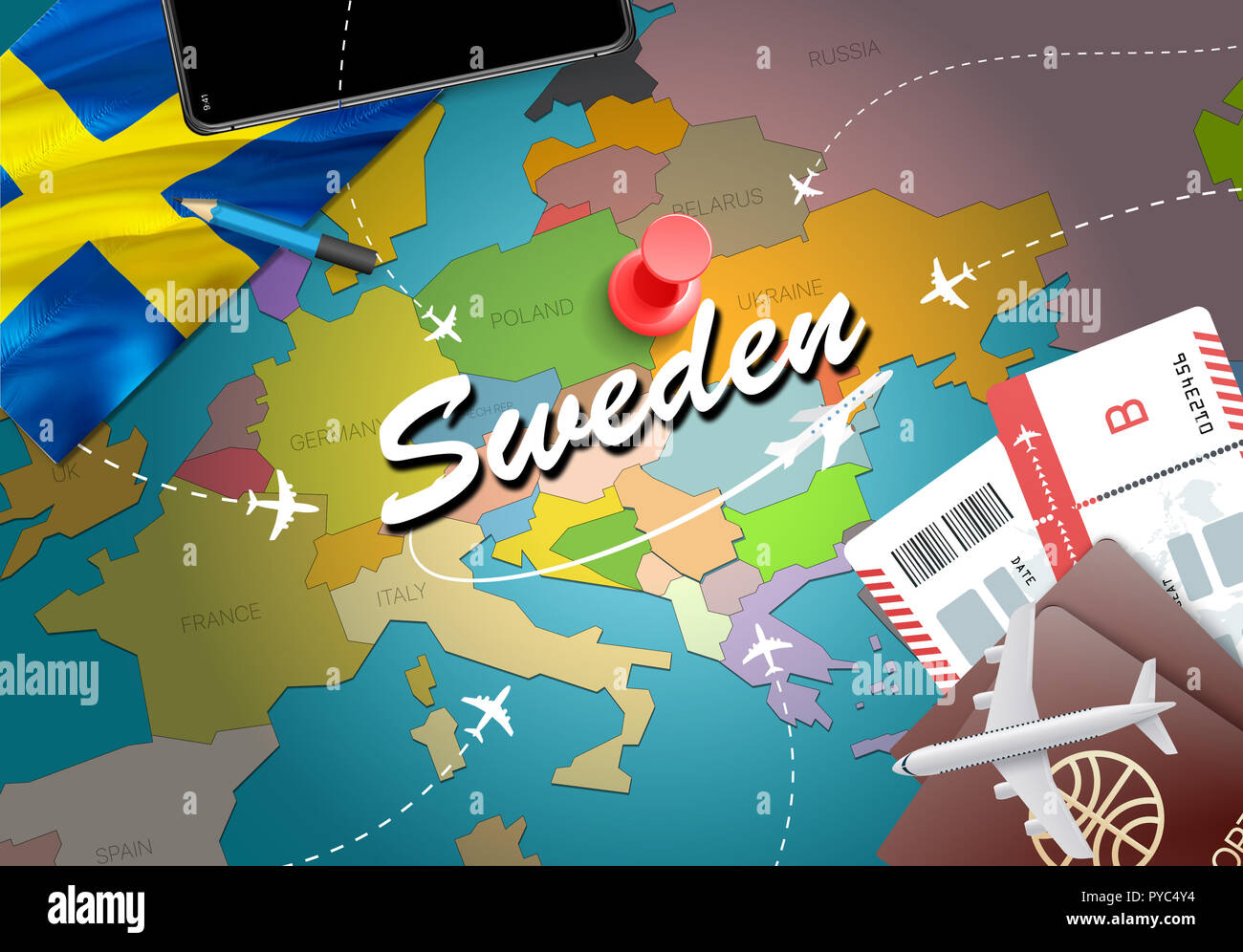 Sweden travel concept map background with planes,tickets. Visit Sweden ...
