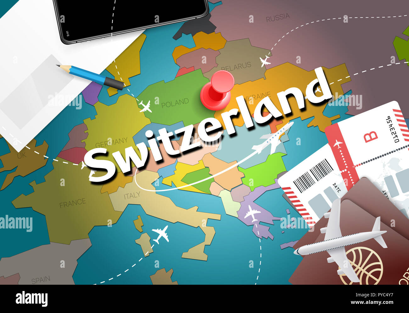 Switzerland travel concept map background with planes,tickets. Visit ...
