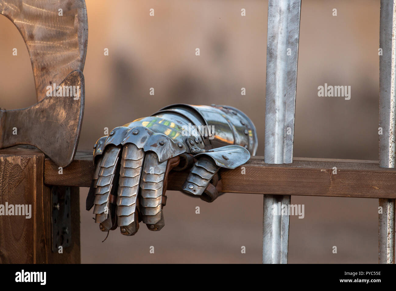 Close view of Knight iron gauntlet at display on fair Stock Photo - Alamy