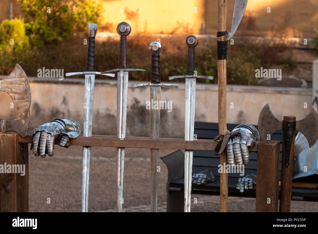 Close up view of a Medieval swords detail at display on a fair Stock ...