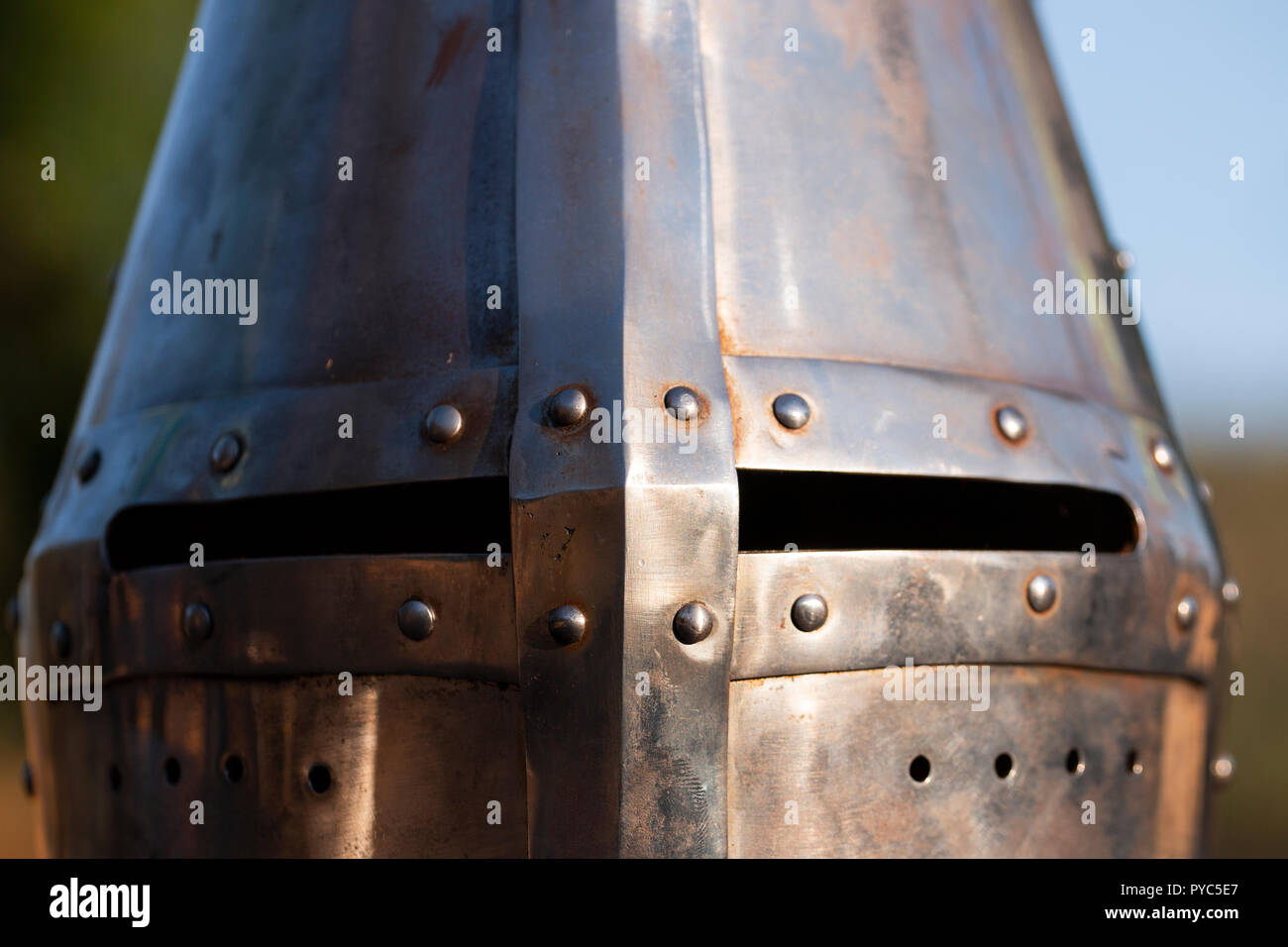 Close up view of Medieval battle helmet Stock Photo - Alamy