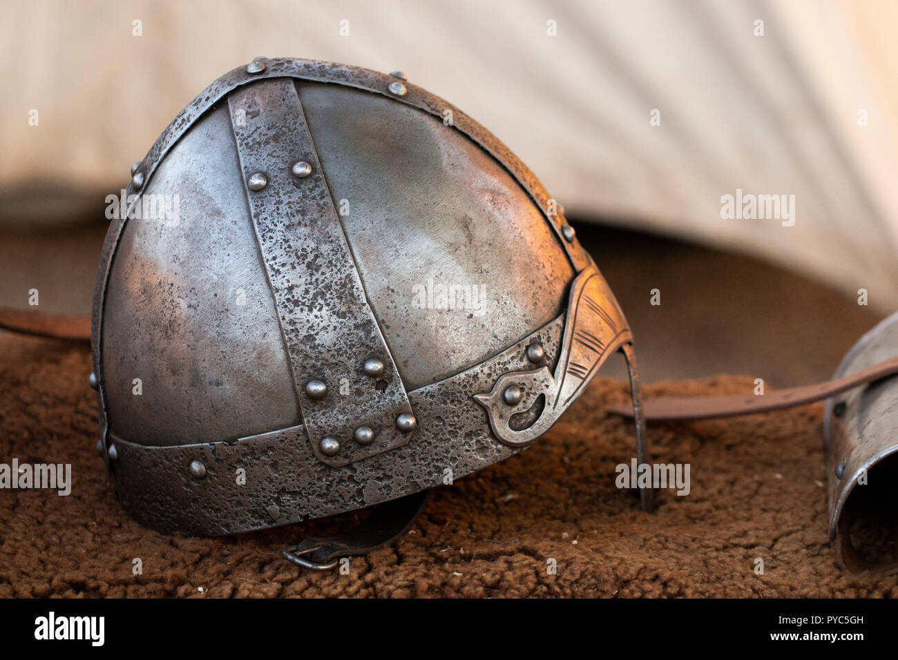 Close up view of Medieval battle helmet Stock Photo - Alamy