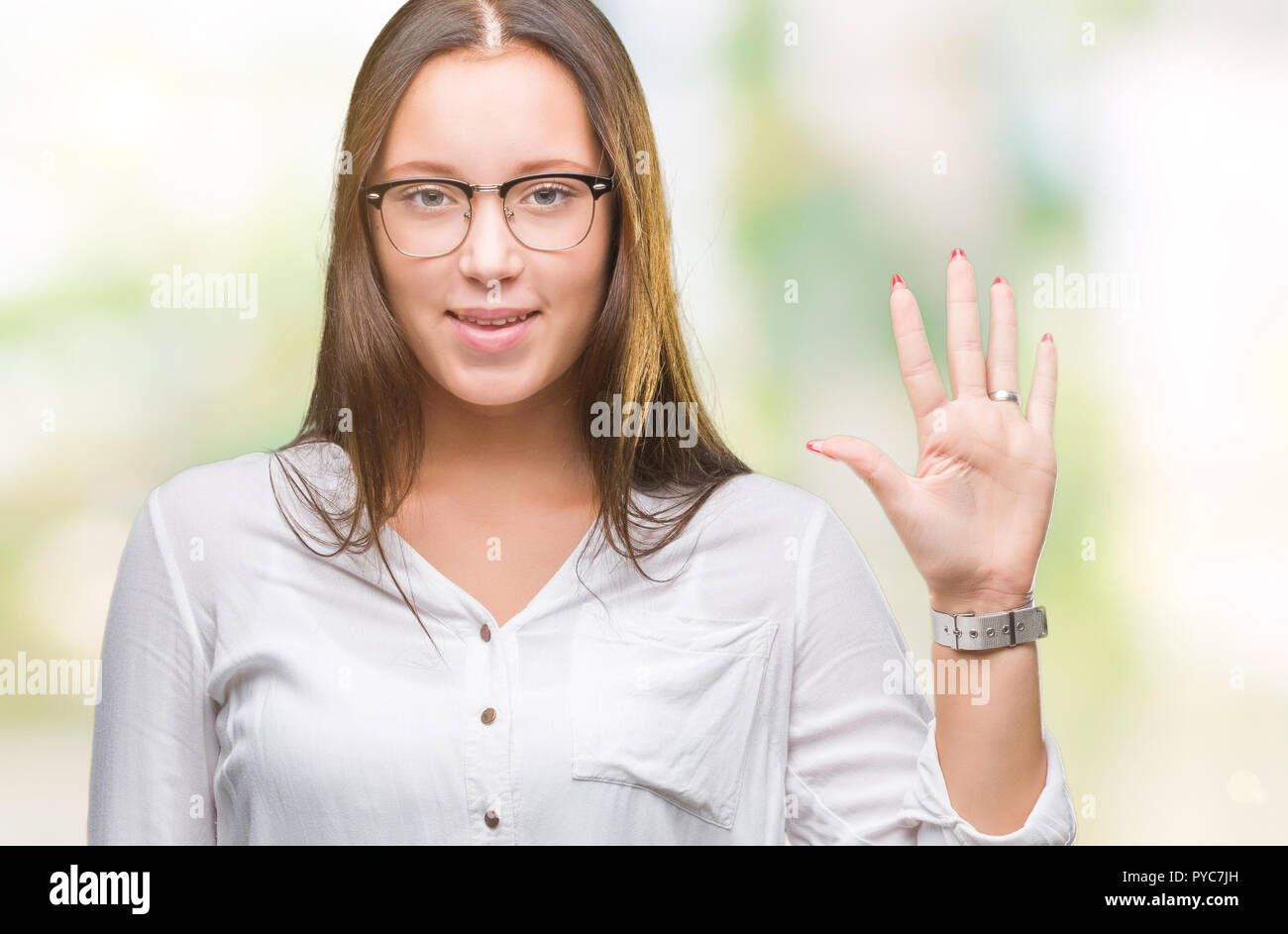 Young caucasian beautiful business woman wearing glasses over isolated ...