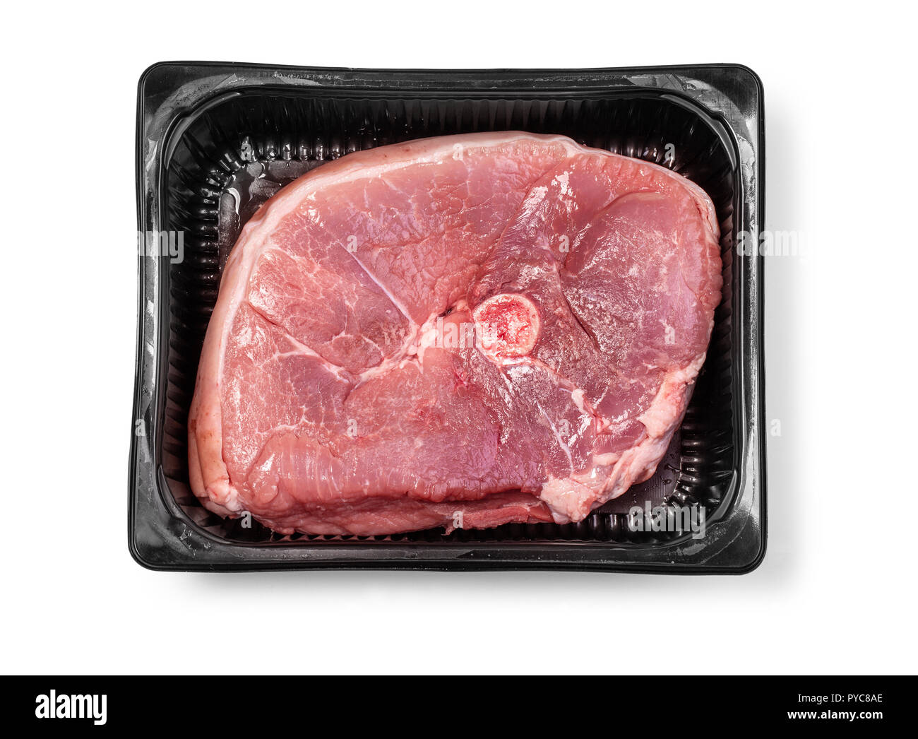 Lamb meat steaks (boneless leg) in styrofoam packaging tray isolated on ...